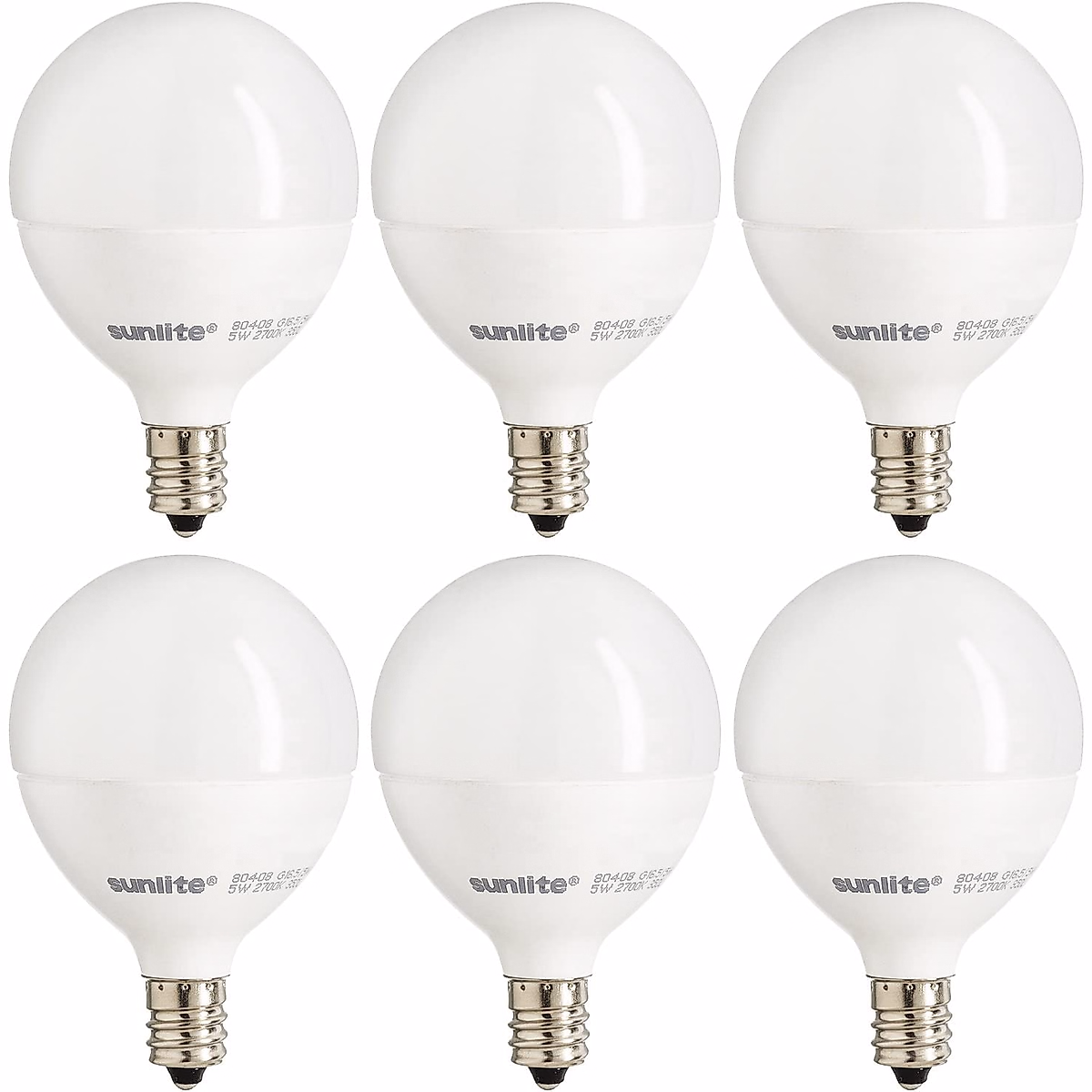 Sunlite G16.5 Light Bulb LED, 7 Watts (60W Equiv.), 500 Lumens, Dimmable, Type G Globe Shape E12 Candelabra Base, Short Bulbs, Vanity Mirror Bulbs, Energy Star, 2700K Soft White, Frosted, 6 Count