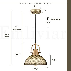 Emliviar 1-Light Farmhouse Modern Pendant Light, 10.2 Inch Hanging Lamp for Dining Room, Hammered Metal Dome Shade in Brass Finish, GE269MIL BG+WD