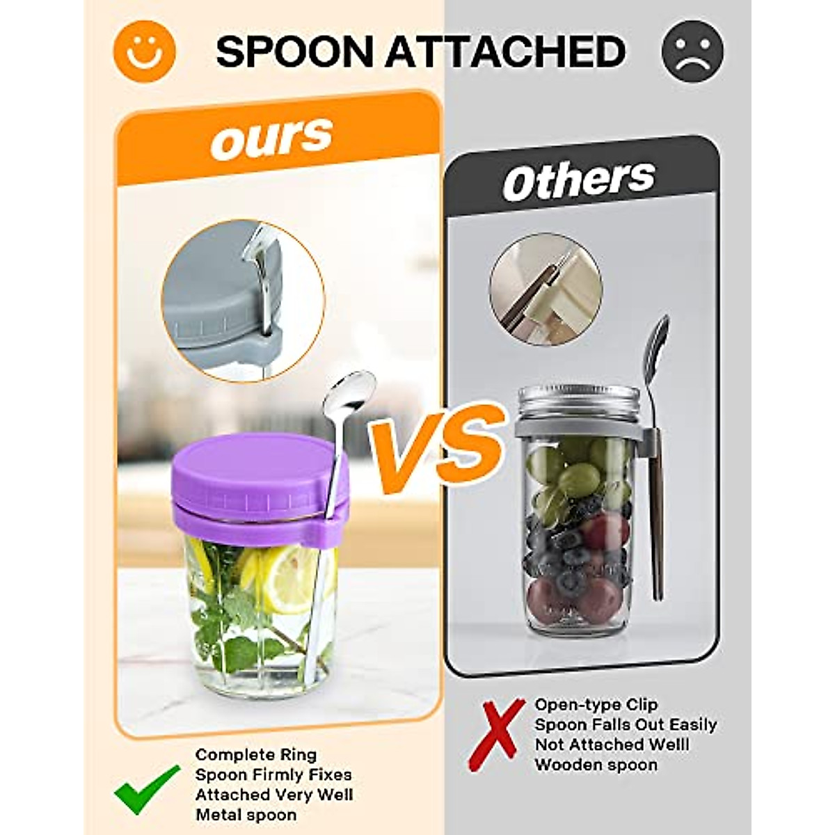 OVERTANG Overnight Oats Containers with Lids and Spoons, 6 Pack 12oz Mason Jars for Overnight Oats, Large Capacity Airtight Oatmeal Container with Measurement Marks Wide Mouth for Salad, Cereal
