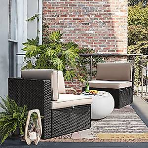 Flamaker 2 Pieces Patio Furniture Set Outdoor Loveseat All Weather PE Rattan Sofa Chair Set Corner Sofa Armless Sofa with Padded Soft Cushion (Beige)