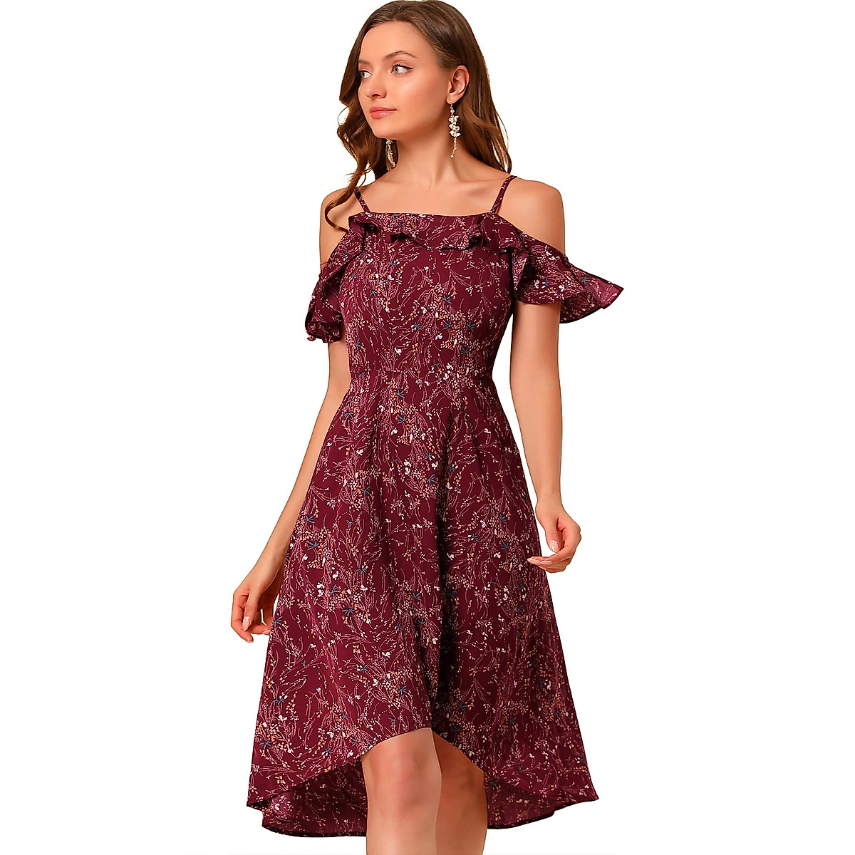 Allegra K Women's Spaghetti Strap Ruffled Sleeves Asymmetrical High Low Floral A-Line Midi Dress Large Wine Red