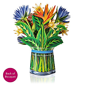 Freshcut Paper Pop Up Cards, Tropical Bloom, 12 inch Life Sized Forever Flower Bouquet 3D Popup Greeting Cards with Note Card and Envelope - Birds of Paradise & Lotus Blossom Flowers