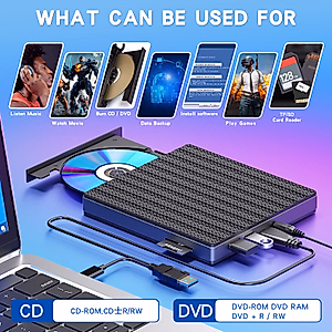 aelrsoch External CD/DVD Drive for Laptop DVD Driv with SD Card Slots Reader and 4 USB Ports, USB 3.0 Type-C CD/DVD Burner External Disk Drive Optical Compatible with Laptop Mac PC Windows 11/10/8/7