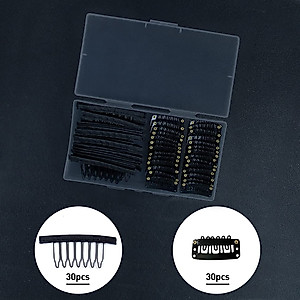 70 Pcs Wig Accessories Set 60Pcs Hair Extensions Wig Clips 7-Teeth Wig Combs with Cloth 6-Teeth U-Shape Metal Snap Clips 5 Curved Needles 5 T-Pins
