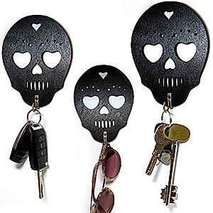 Skull Key Holder - Set of 2 Goth Key Hooks for Wall - Gothic Home Decor for Bedroom Furniture or Kitchen Assessories - Halloween Spooky Gifts for Skull Stuff Lovers