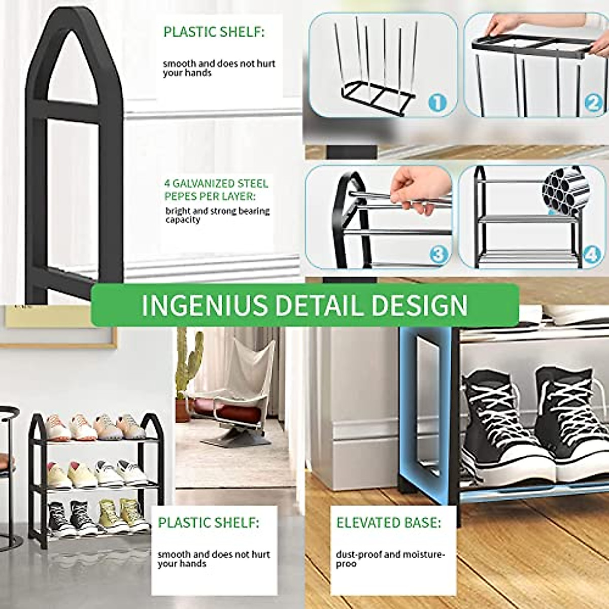 Small Shoe Rack For Entryway,3 Tier Narrow Shoe Shelf For Closet Free Standing Black Vertical Shoe Stand Mini Shoe Holder Small Space Shoes Shelves Shoe Organizer Storage Corner Floor Shoerack