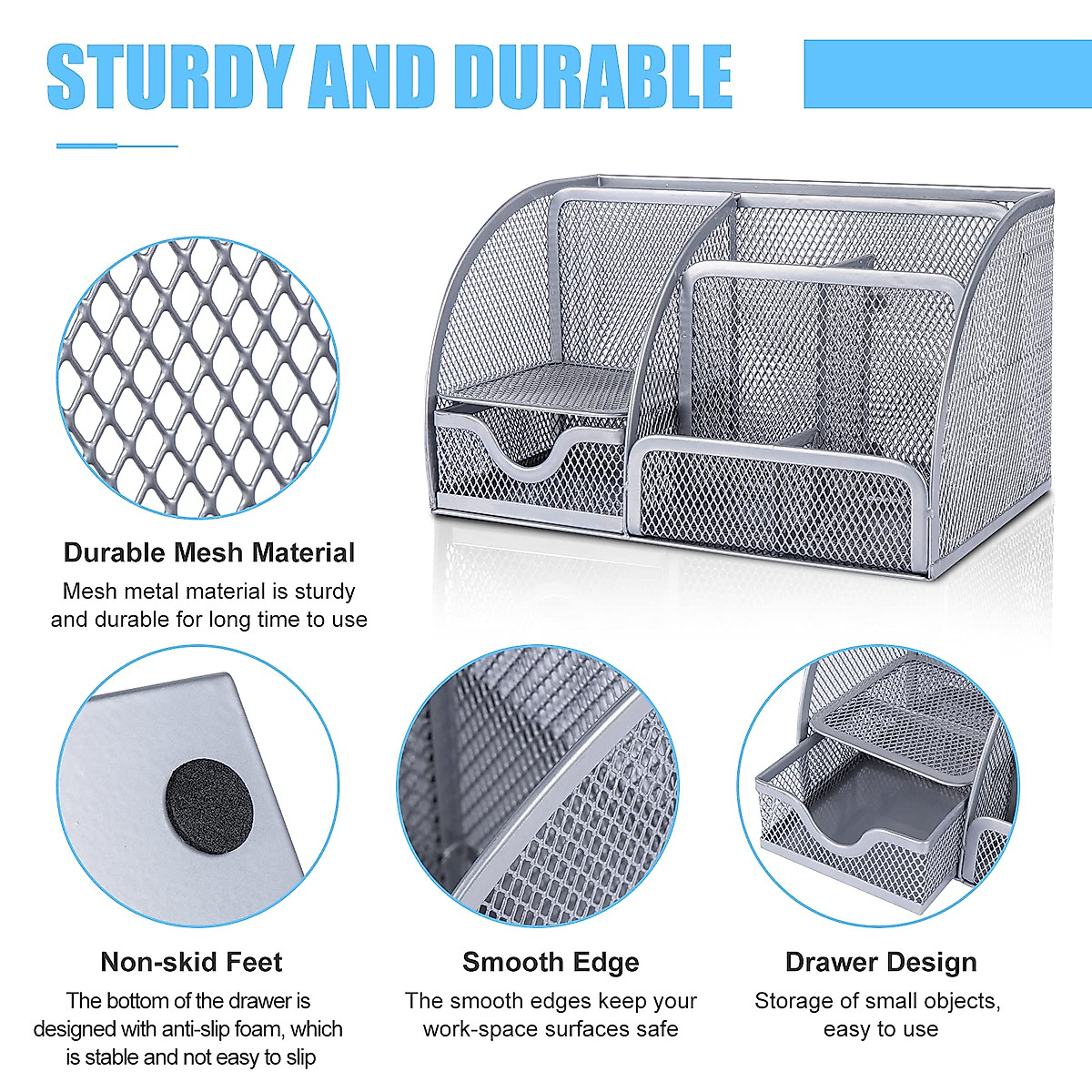Desk Organizer Office Accessories, Multi-Functional Mesh Desk Organizer with 6 Compartments and 1 Drawer for Home, Office, School, Workshop, kitchen (Silver)