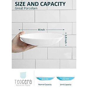 Teocera Pasta Bowls, Salad Serving Bowls Set, Wide and Shallow, 22 Ounce Porcelain Bowl, Microwave and Dishwasher Safe - Set of 6, White