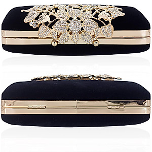 MagicLove Womens Evening Bag with Rhinestone Crystal Flower Closure Velvet Clutch Purse for Wedding Party Black