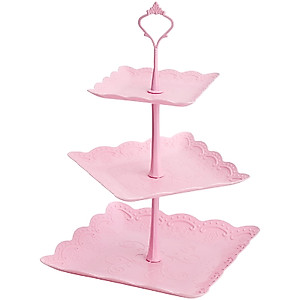 Tosnail 3 Pack 3 Tiers Plastic Cupcake Stand Dessert Stand Tiered Serving Trays with Pink Rod Candy Pastry Holders for Baby Shower, Wedding and Party - Pink Rod