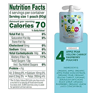 GoGo SqueeZ Happy TummieZ Organic Apple Pear Yellow Carrot Raspberry, 3.2 Oz (Pack of 4), Kids Snacks with Prebiotic Fiber, Gluten Free, Nut Free, Dairy Free Gut-Friendly Snack
