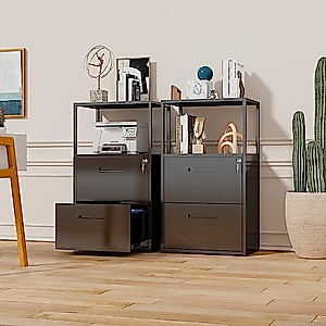 Fesbos File Cabinet with Shelves & 2 Lockable Drawers - Home Office Lockable Lateral Filing Cabinet for Hanging Files Letter/Legal/F4/A4 Size - Assembly Required