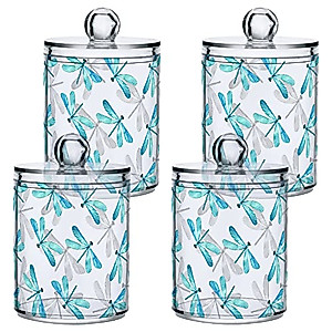 susiyo Blue Gray Dragonfly Pattern Plastic Jars with Lid Apothecary Jar for Cotton Balls Swabs Pads - 4 Pack