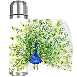 Watercolor Style Peacock Stainless Steel Water Bottle Leak-Proof, Double Walled Vacuum Insulated Flask Thermos Cup Travel Mug 17 OZ