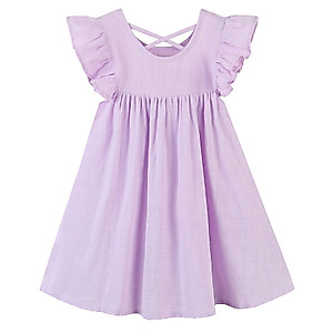 GSVIBK Baby Girls Linen Cotton Dress Halter Flutter Sleeve Casual Dress Toddler Girl Ruffle Sleeve Dress 686 Lavender 90
