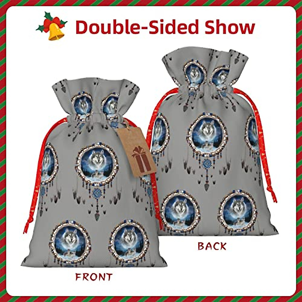 Drawstrings Christmas Gift Bags Indian-Catcher-Wolf-Grey Presents Wrapping Bags Xmas Gift Wrapping Sacks Pouches Medium