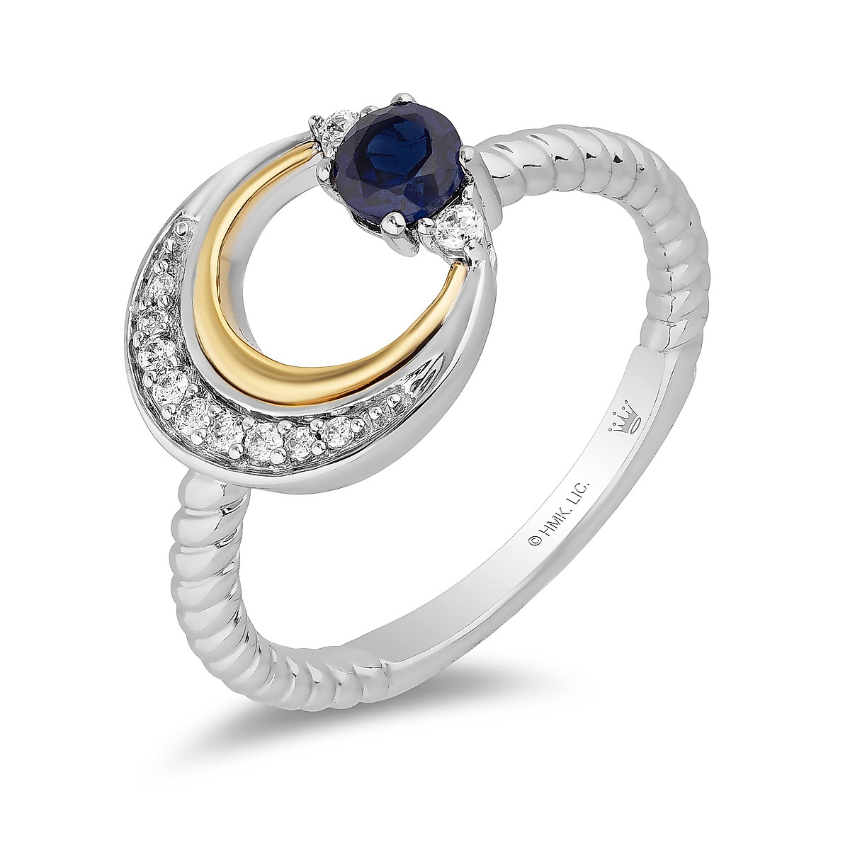 Jewelili Hallmark Fine Jewelry Sterling Silver and 14K Yellow Gold 4 MM Round Created Blue Sapphire and 1/10 Cttw Natural White Round Diamond Crescent Moon Ring, Size 8