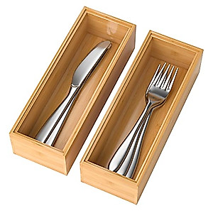 Lixple Bamboo Drawer Organizer - Set of 2, Stackable Storage Box, Silverware Tray for Drawer, Small Gadgets Holder 9” x 3” x 2”