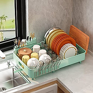 ADBIU Large Dish Drying Rack with Drainboard Set（12.8" - 20"） Expandable Compact Dish Drainer, 1 Piece Cyan