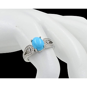 9X7 MM Oval Cut Natural Sleeping Beauty Turquoise Gemstone 925 Sterling Silver December Birthstone Solitaire Unisex Proposal Ring For Wedding Gift (Rhodium Plated Silver, 6)