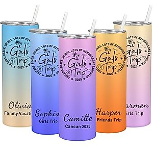 Personalized Girls Trip Tumbler, Custom Beach Vacation Tumbler with Name, Girls Weekend Gifts for Women, 2025 Girl Trip Cup Gifts, 20 oz Stainless Steel Cup with Straws, Bachelorette Party Gift