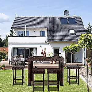 Patio Bar Set,Wicker Outdoor Table and 4 Bar Stools,5 Piece Patio Furniture Bar Set PE Wicker Patio Furniture Outdoor Bar Set for Poolside,Backyard,Garden,Porches (Brown-5 Pcs)