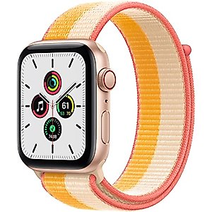 Apple Watch SE (GPS + Cellular 44mm) Gold Aluminum Case with Maize/White Sport Loop (Renewed)
