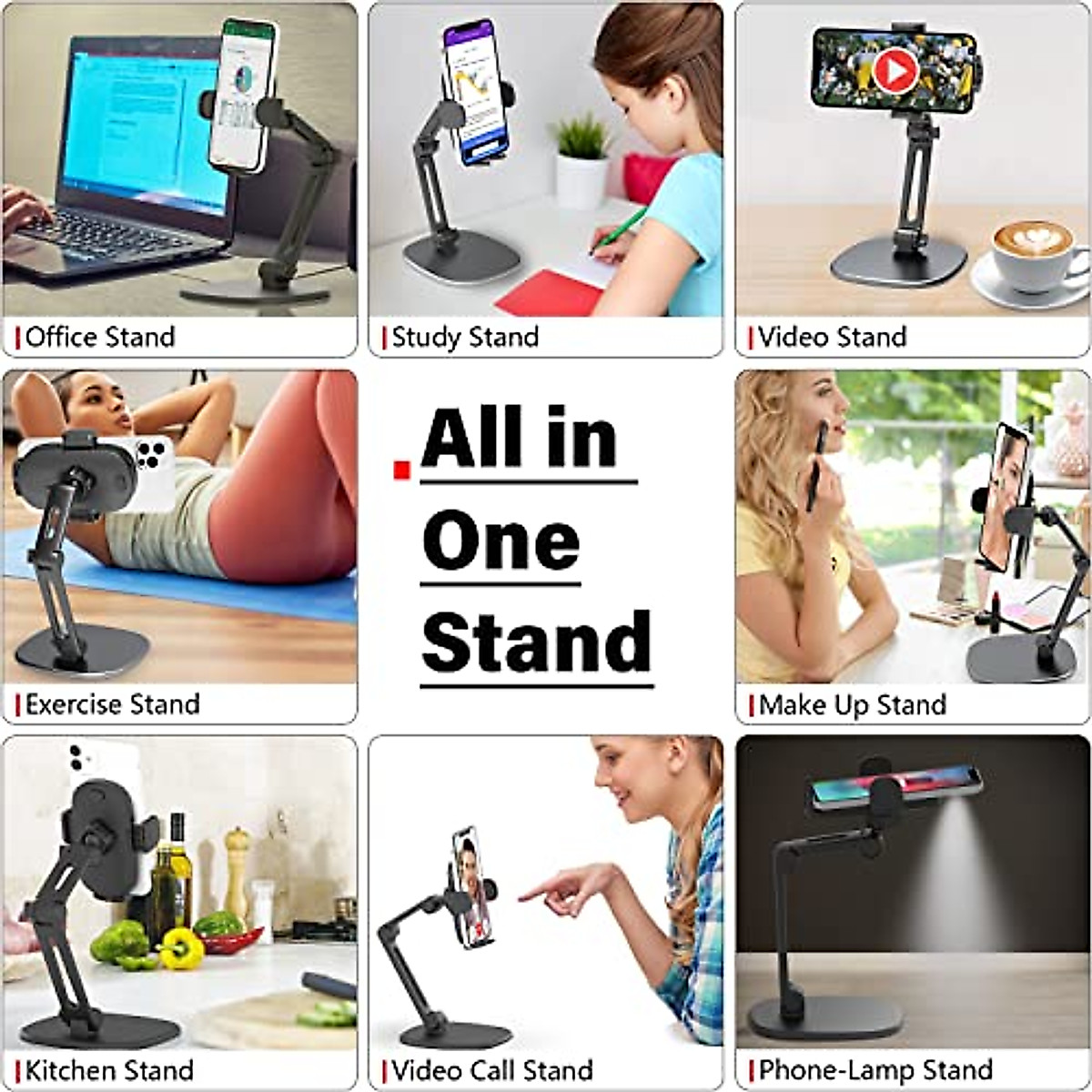Phone Stand for Desk [No Dropping Stable Triple-Clamp Holder] Adjustable Height 360 Degree Rotation Heavy Base Thick Case Friendly, APPS2Car Multifunctional Cell Phones Stand for iPhone Android Phones