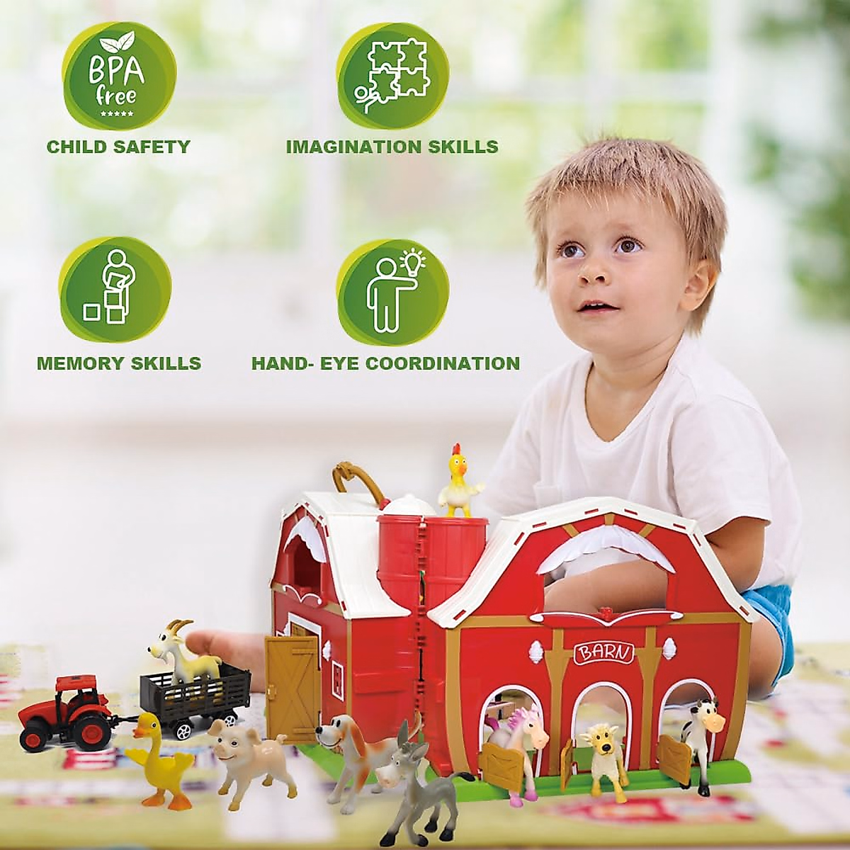 Big Red Barn Farm Figures Animals Toys for Toddlers, Cute Farm Figurines, Fence and Farmer Vehicle Toy Truck Pretend Farm Playset for 3+ Years Old Kids Girls Boys Educational Learning Toys