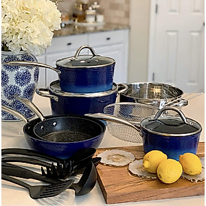 Kitchen Academy Pots and Pans Set Non Stick - 15 Pieces Blue Hammered Cookware Set, Granite Nonstick Coating Induction Compatible for All Stove PFOA&PFOS Free