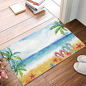 Door Mat for Bedroom Decor, Watercolor Flip Flops Shell and Starfish in The Beach Floor Mats, Holiday Rugs for Living Room, Absorbent Non-Slip Bathroom Rugs Home Decor Kitchen Mat Area Rug 18x30 Inch
