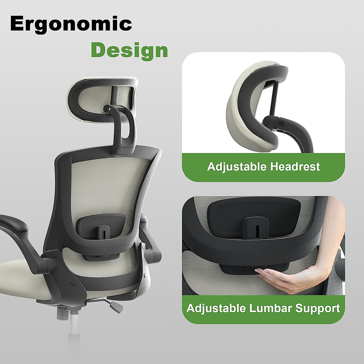 Ergonomic Office Chair, Mesh Desk Office Chair with Adjustable Headrest & Lumbar Support, High Back Task Computer Chair with Flip-up Armrests, Executive Chair for Home Office (Grey)