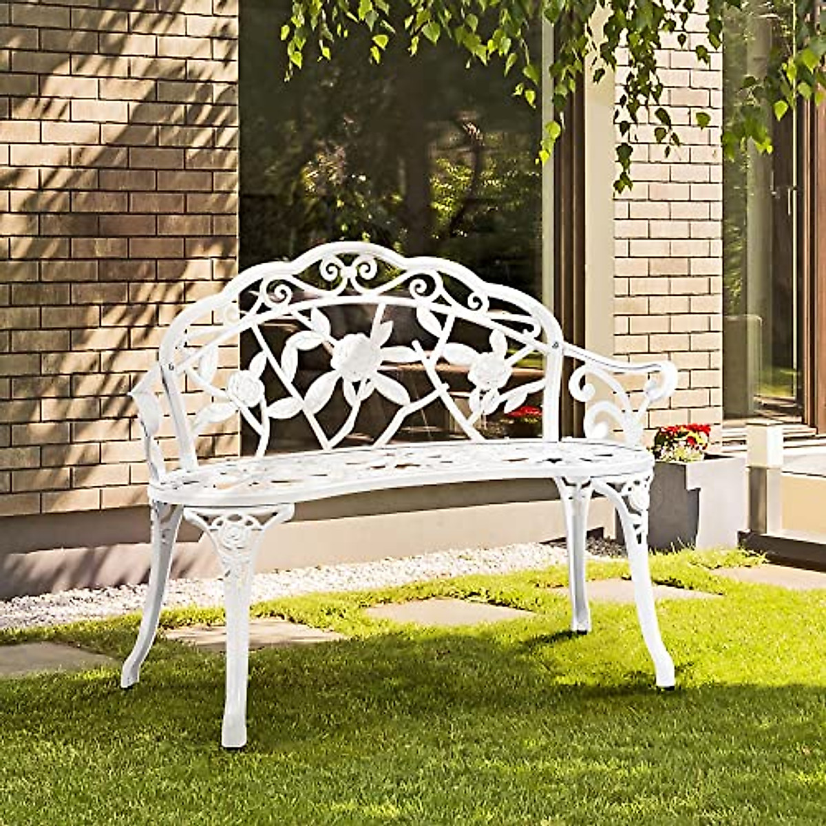 Topeakmart Garden Bench Outdoor Bench for Patio, Cast Aluminium Park Bench for Garden, Backyard, Lawn, Porch, Path