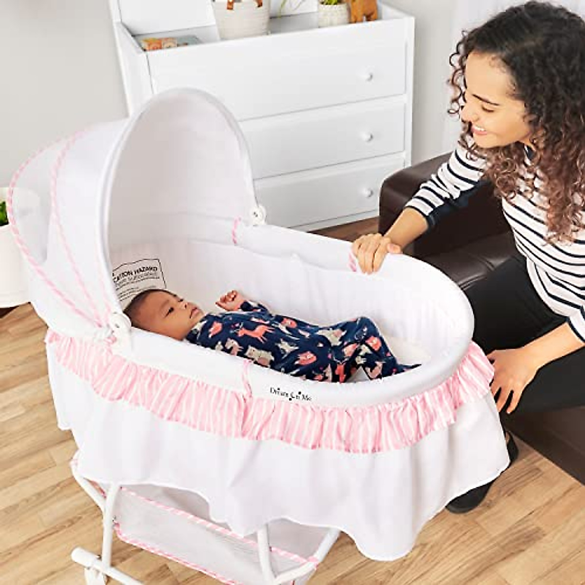 Dream On Me Lacy Portable 2-in-1 Bassinet & Cradle in Pink and White, Lightweight Baby Bassinet with Storage Basket, Adjustable and Removable Canopy