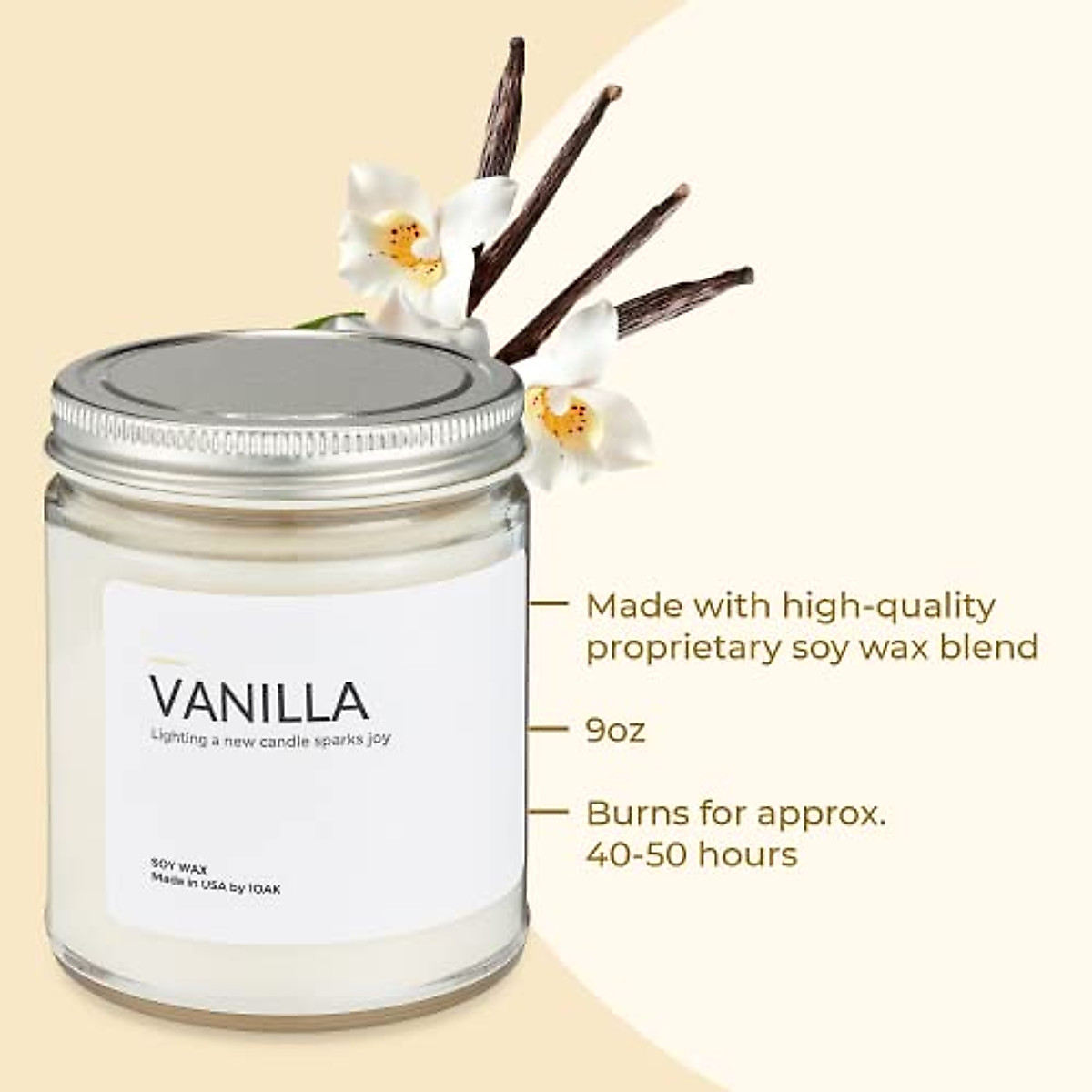 1OAK Soy Wax Scented Candles (Vanilla) - Soy Candles for Home Scented - Long Burning Candles Premium - Hand-Poured (9oz.)