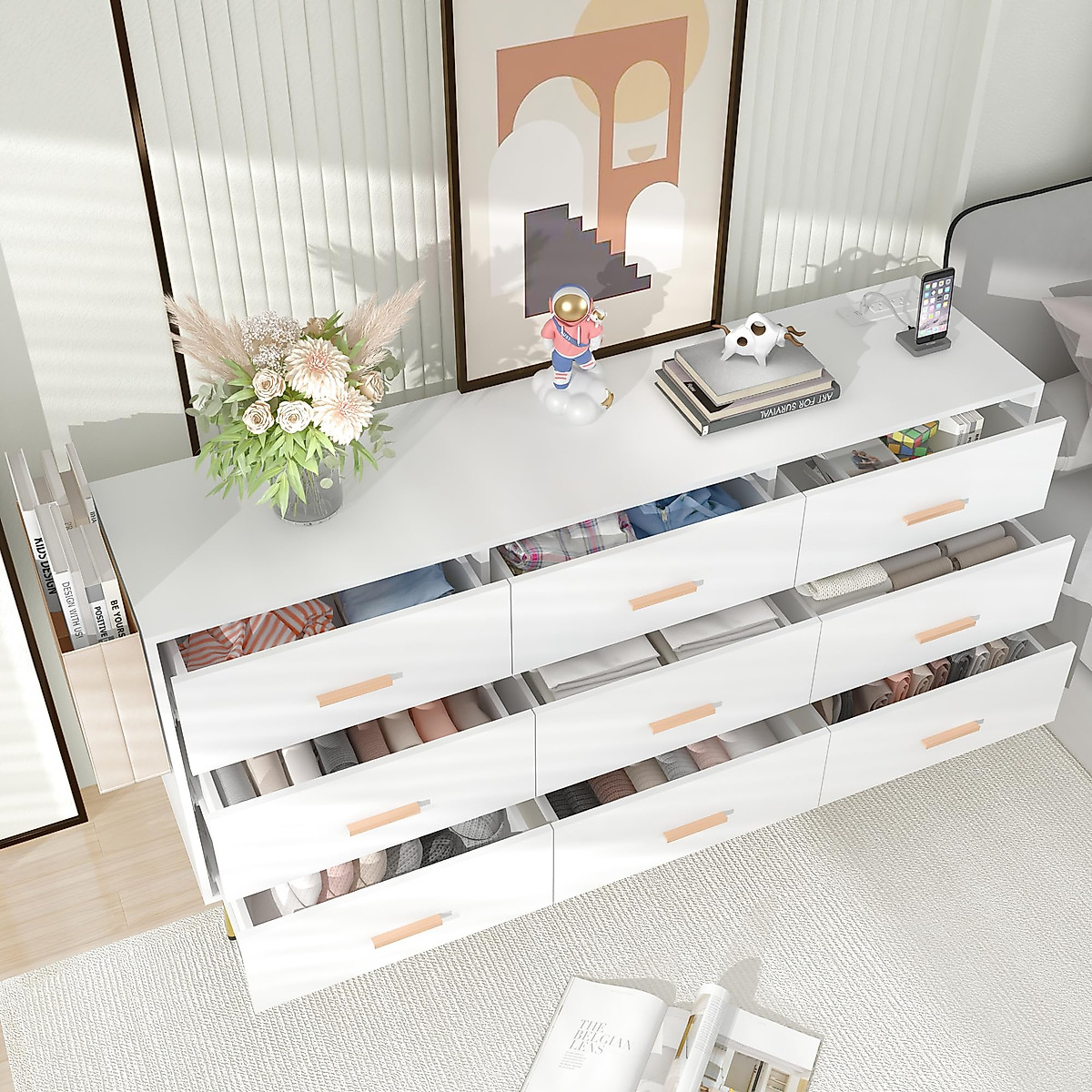 jiteentarou 9 Drawer Dresser for Bedroom, 63” Long Dresser with Charging Station, Modern Chest of Wide Drawers with Gold Handles & Storage Pocket, Wood Dresser for Kids Bedroom, Hallway, White