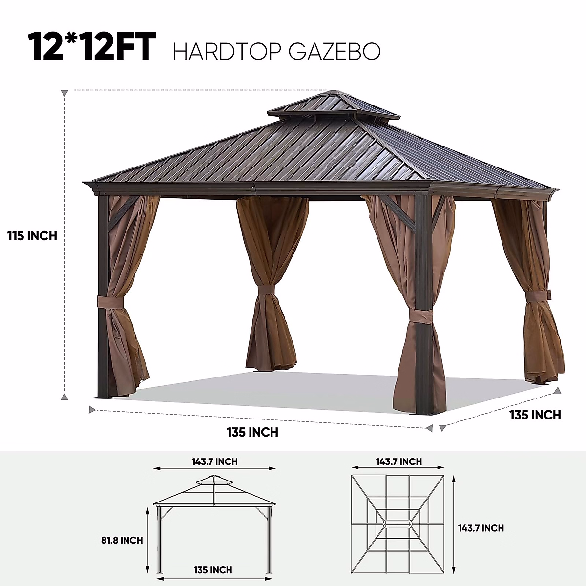12’ X 12’ Hardtop Gazebo Double Roof Galvanized Steel Combined of Vertical Stripes Canopy Outdoor Aluminum Frame Patio Permanent Metal Pavilion with Nettings and Curtains for Deck Backyard Lawn Garden