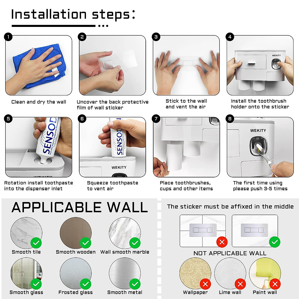 Toothbrush Holder Wall Mounted, WEKITY Multi-Functional Toothbrush and Toothpaste Dispenser for Bathroom, with 5 Toothbrush Slots, 2 Toothpaste Squeezers and 4 Cups(Grey)