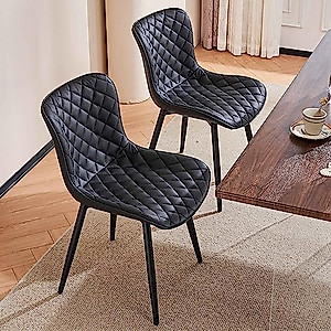 YOUTASTE Black Dining Chairs Set of 2 Mid Century Modern PU Leather Diamond Upholstered Accent Guest Breakfast Dinner Chair with Back Metal Legs for Kitchen Living Reception Waiting Room