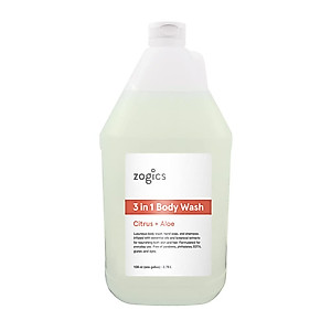 Zogics 3-in-1 Body Wash – Body Soap, Shampoo, and Hand Soap Liquid Refill All-in-One, Hydrating Plant-Based Formula, Refreshing Citrus + Aloe Scent (4 Gallons/Case)