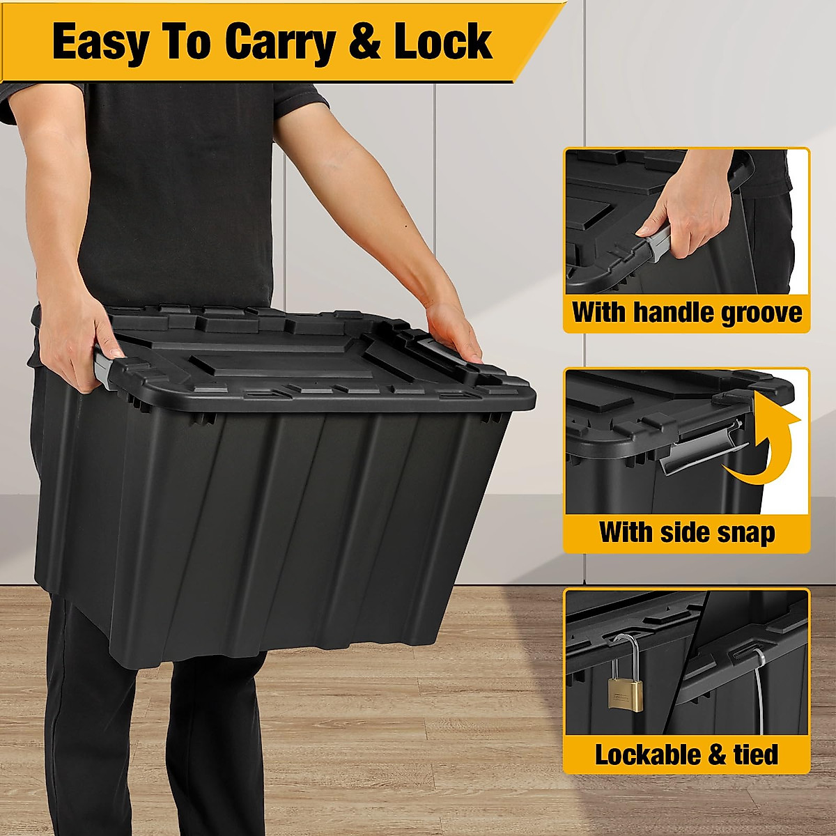 BROVIEW V12 11Gal Heavy Duty Plastic Storage Bins with Latching Lids, Stackable Tough Tote Storage Box Containers with Lock Hole & Handle for Garage Workshop Metal Rack (Black Base/Blue Lid, 4Pack)