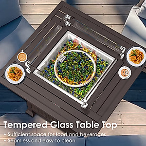 VONZOY 32 Inch Outdoor Gas Fire Pit Table, 50,000 BTU Wicker Propane Firepit w/Glass Tabletop, Glass Wind Guard, Clear Glass Rocks and Cover
