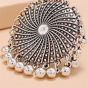 Dtja Boho Big Teardrop Statement Ring for Women Vintage Tassel Ball Bead Adjustable Open Band Cocktail Party Ring Comfort Fit Gypsy Indian Bollywood Peacock Tail Exaggerated Jewelry (Silver)