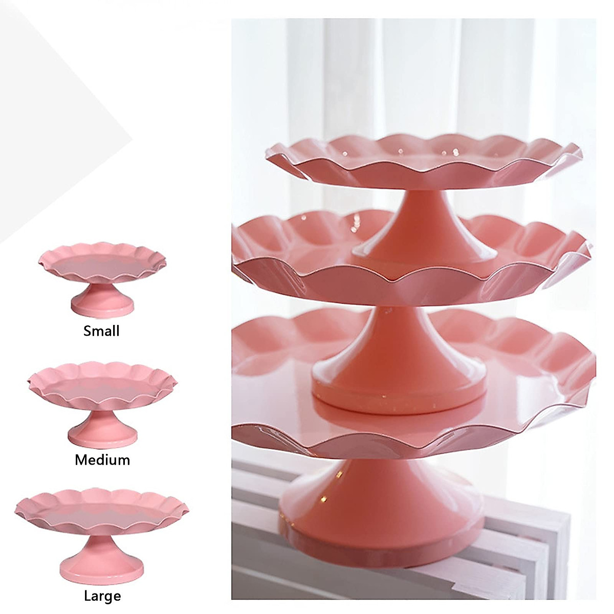 ATRDTO Set of 3 Pcs Wave Rim Cake Stands Iron Cake Holder Dessert Display Plate Serving Tray for Baby Shower Wedding Birthday Party (Pink)