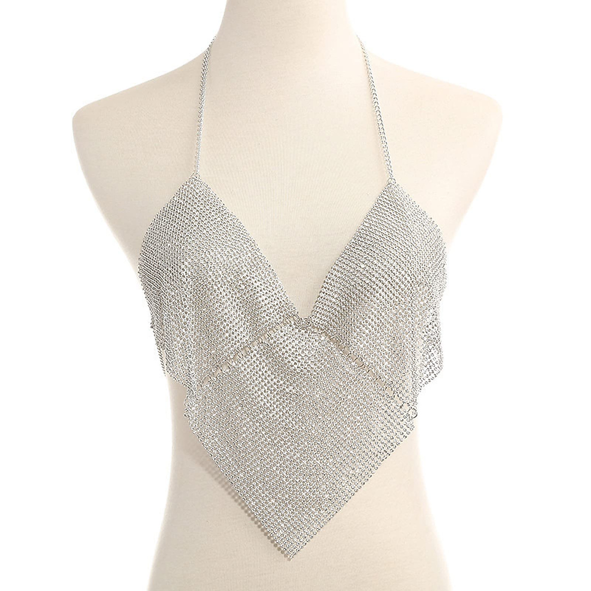 VEINTI+1 Body Chain Sparkly Lime Silver Lingerie Rhinestone Fringe Halter Top Chain Jewelry Metal Crystal Bralette Chain for Women