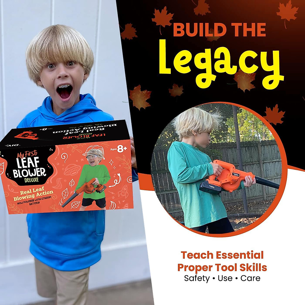 Deluxe Lithium Edition My First Leaf Blower from DIYjr - Real Leaf Blower for Kids Child Size Yard Tools for Children Family Quality Time, Gender Neutral Boys and Girls Junior Lawn and Garden Set