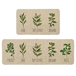 Artoid Mode Parsley Sage Oregano Basil Bay Leaves Decorative Kitchen Mats Set of 2, Seasonal Holiday Party Low-Profile Floor Mat for Home Kitchen - 17x29 and 17x47 Inch