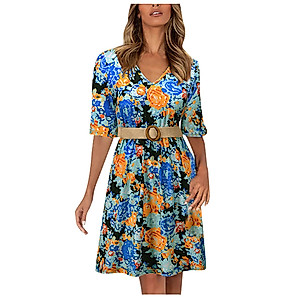 Office Dresses for Women for Work A Line Swing Casual Short Mini Dress Casual V Neck Ruffle Solid Color Flare Dress