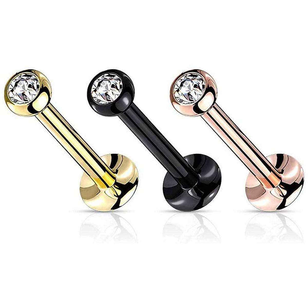 Push in Jeweled Ball Top PVD Over 316L Surgical Steel Threadless Labret, Monroe, Flat Back Stud (20GA (0.8mm), Length: 1/4" (6mm), Ball: 2mm, Rose Gold)
