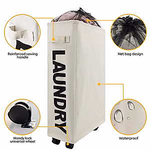 Amazing Life Laundry Basket with Wheels - 45L Laundry Hamper with Lid Slim Collapsible Laundry Baskets Dirty Clothes Hamper with Removable Wash Bag (Beige)